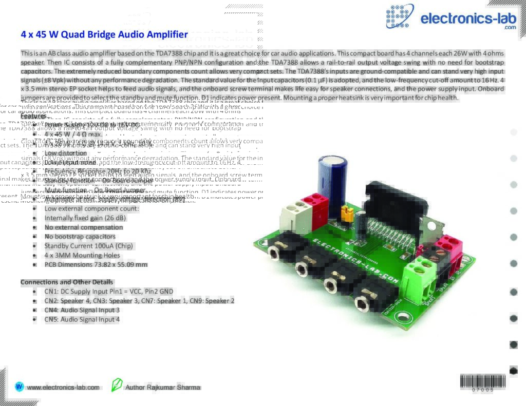4 x 45 W Quad Bridge Audio Amplifier - Electronics-Lab.com