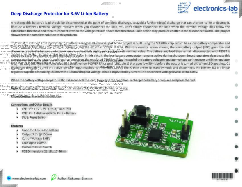 Deep Discharge Protector for 3.6V Li-Ion Battery - Electronics-Lab.com