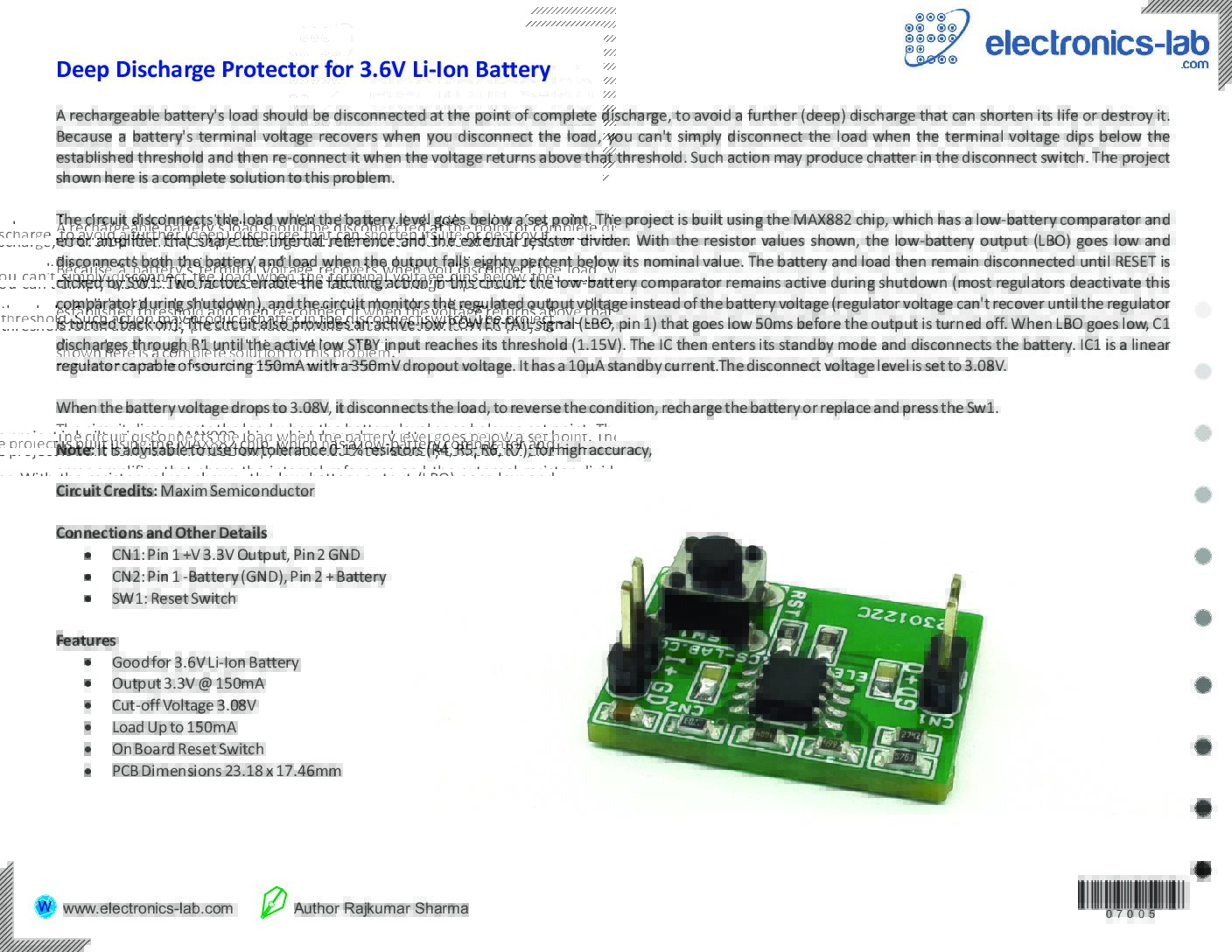 Deep Discharge Protector for 3.6V Li-Ion Battery - Electronics-Lab.com