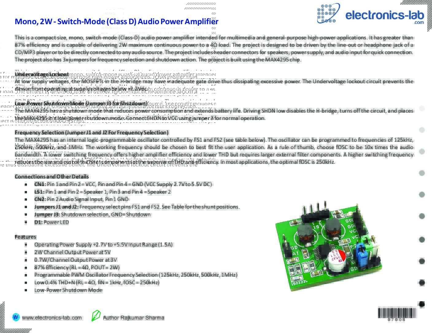 Mono 2W – Switch-Mode (Class D) Audio Power Amplifier - Electronics-Lab.com
