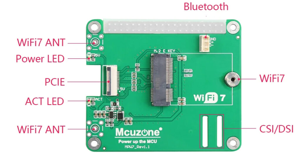 Mcuzone MPW7 M.2 E-Key Wi-Fi 7 HAT Markings - Electronics-Lab