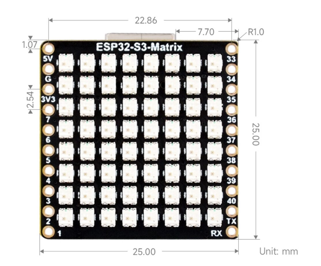 ESP32-S3-Matrix Dev Board Dimensions - Electronics-Lab.com