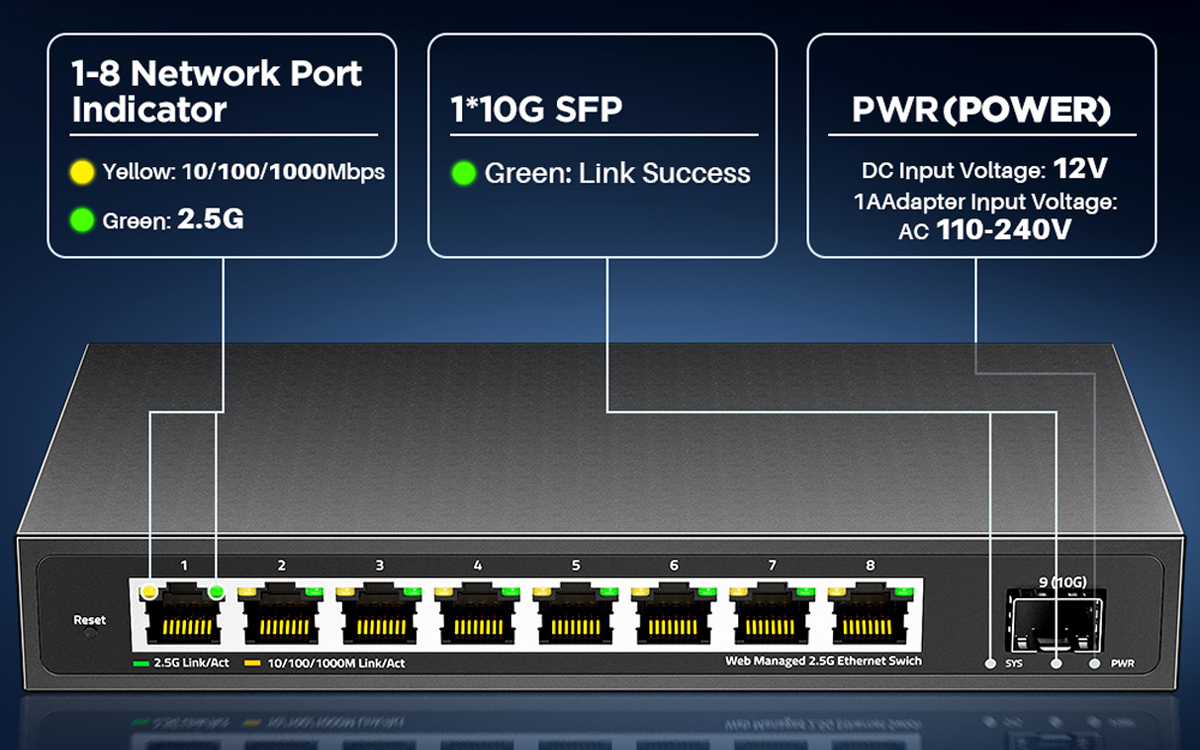 AMPCOM 9-Port 2.5Gb Ethernet Switch with 10GbE Uplink