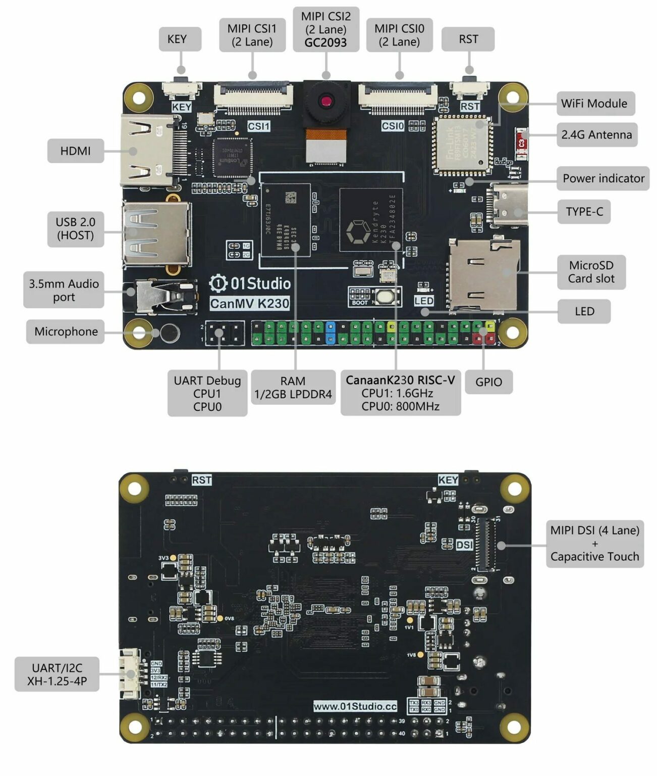 01Studio CanMV K230 board with AI capabilities