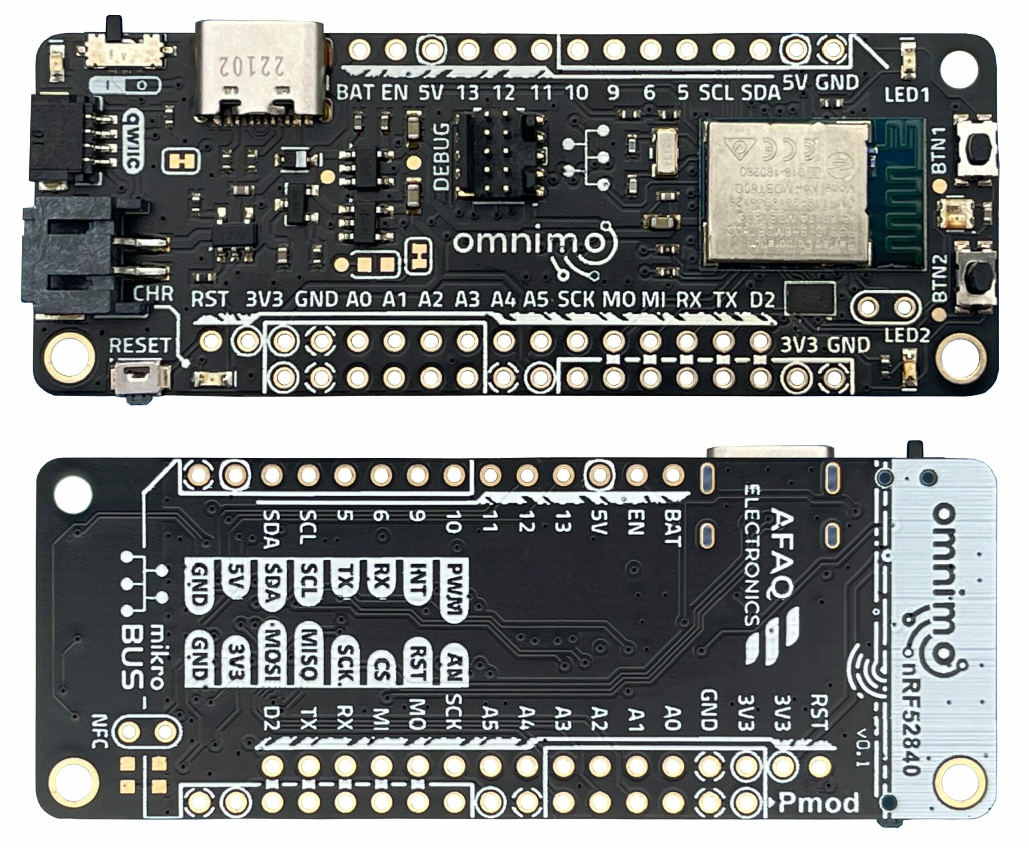 Omnimo nRF52840 IoT development board top and bottom - Electronics-Lab