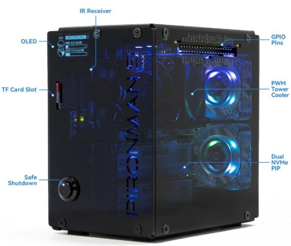 Pironman 5-Max Raspberry Pi PC Case: AI, NVMe, RGB, OLED