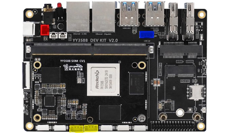 RK3588 Dev board with AI, 32GB RAM, versatile connectivity.