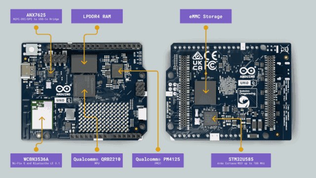 Arduino UNO Q with Qualcomm SoC and STM32 MCU for AI.