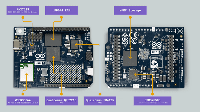 Arduino UNO Q with Qualcomm SoC and STM32 MCU for AI.