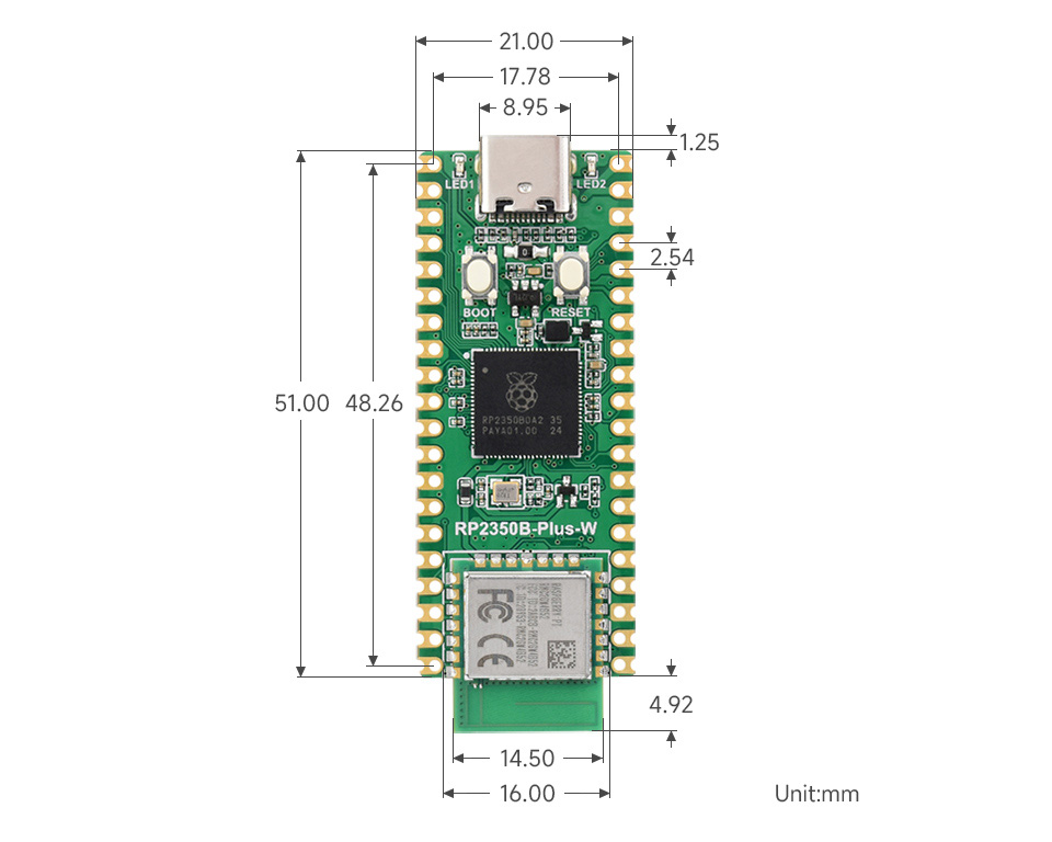 Waveshare RP2350B-Plus-W Dev Boards Dimensions - Electronics-Lab